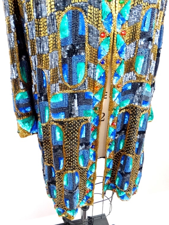 HEAVY Gold Beaded Long Jacket / 80s Checkered Turquoi… - Gem
