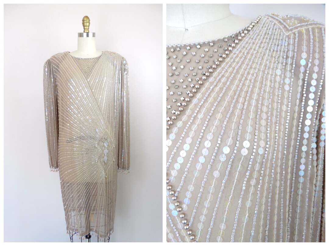 L/XL Sheer Rhinestone Beaded Dress // Iridescent Clear Sequin ...