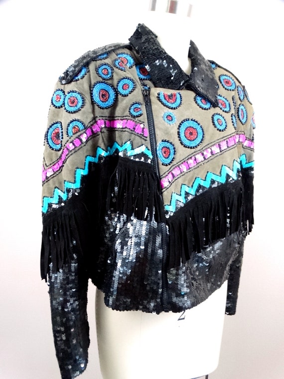 80s Fringe Embellished Sequined Western Jacket / Retr… - Gem
