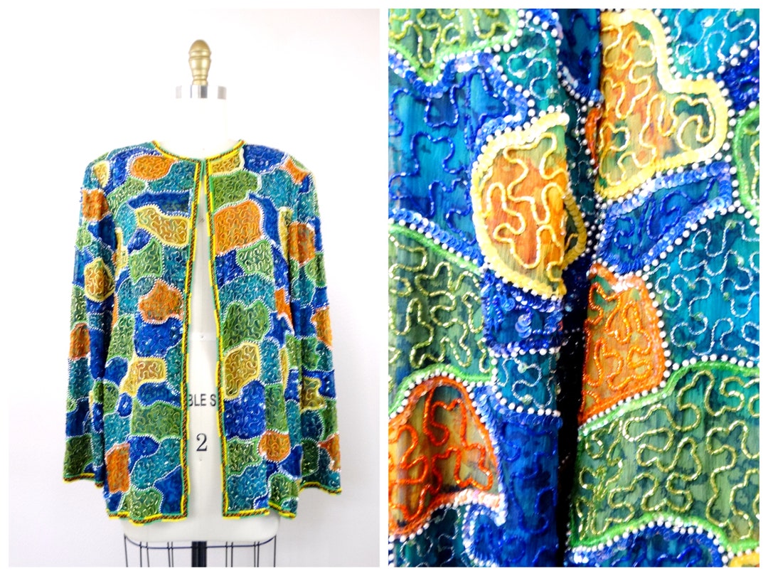 M/L Mosaic Beaded Jacket // Blue Green Orange Yellow Camouflage Sequin ...