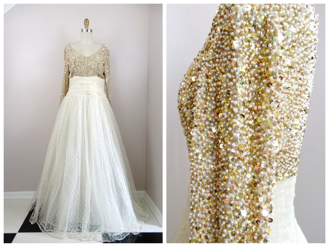 Naeem Khan Gold Sequin Pearl Beaded Couture Wedding Gown / Layered ...