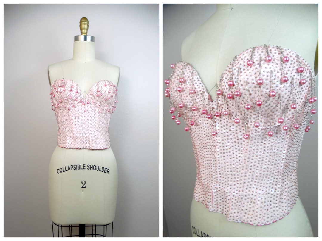 Glam Pink Fringe Pearl Beaded Sequined Bustier // Pastel Pink Sequin ...