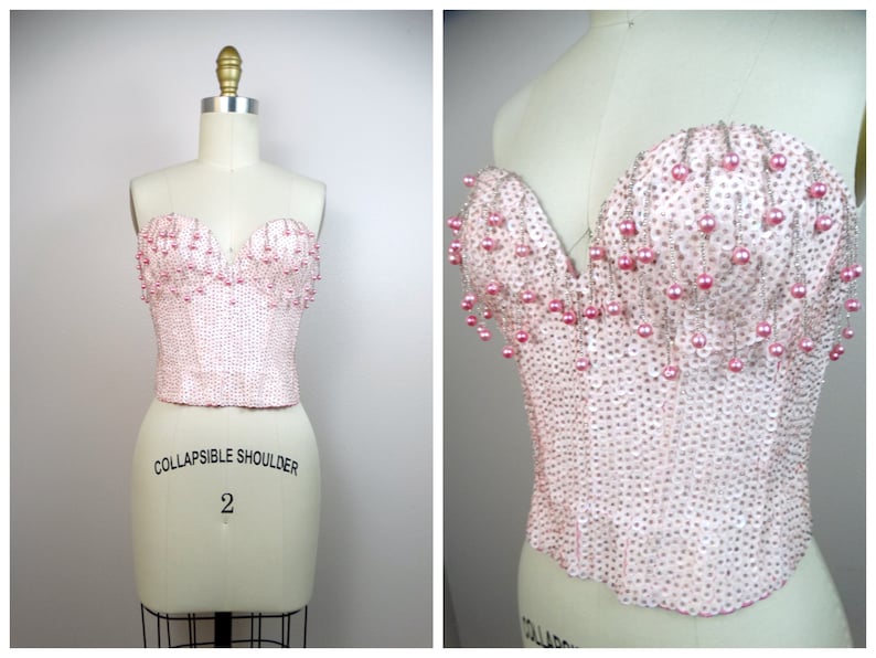 Glam Pink Fringe Pearl Beaded Sequined Bustier // Pastel Pink Sequin ...