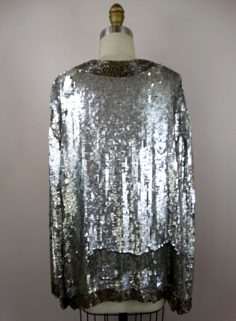 L/XL Reflective Sequin Open Cardigan / Mirror Silver Sequined ...