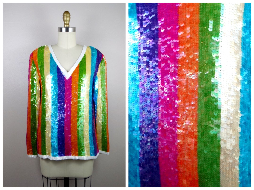Rainbow Stripe Sequined Blouse / Bright & Colorful Sequin Embellished ...