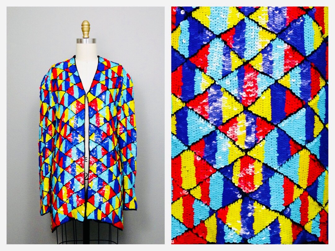 L/XL RARE Bright Sequin Jacket / Colorful Geometric Colorblock Sequined ...