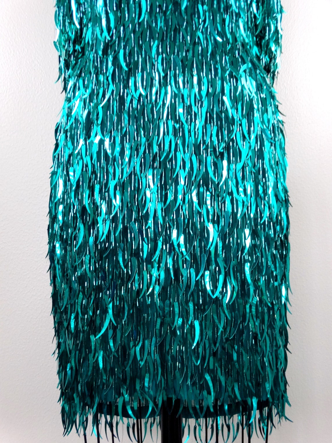 RARE Teal Sequined Fringe Beaded Dress / Glam Turquoise Cattail Sequin ...