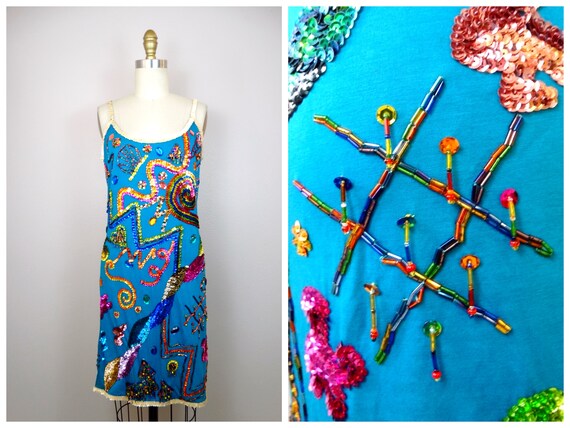 RARE Stretchy Hand Beaded Dress ‣ Funky Retro 80s 90s Y2k RARE Stretchy Hand Beaded Dress ‣ Funky Retro 80s 90s Y2k