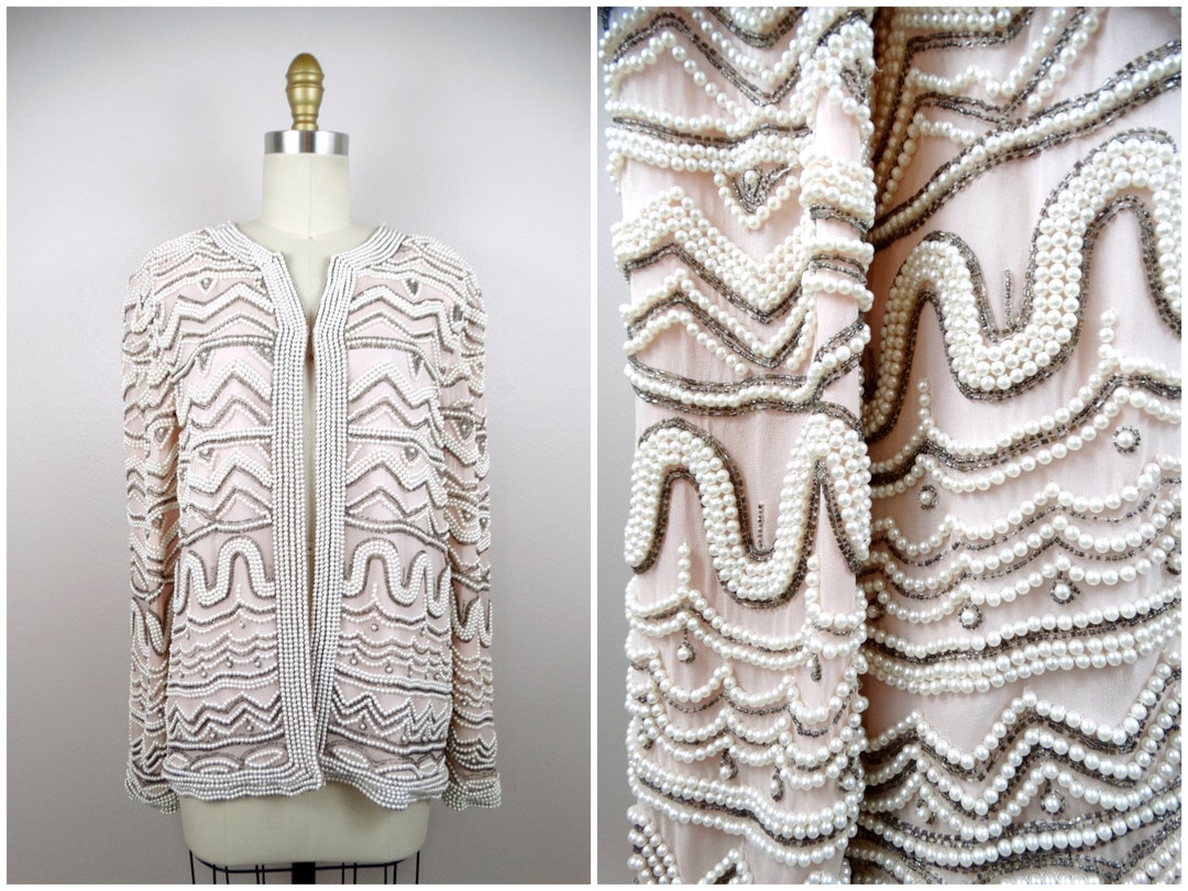 M/L Pearl Beaded Blush Pink Jacket // Pastel Vintage Fully Embellished ...