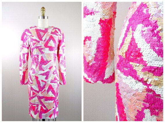 RARE Electric Pink Sequin Dress // Neon Pink & White … - Gem