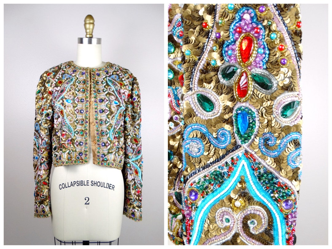 RARE Jewel Encrusted Designer Bolero / Ornate Gold Sequin Beaded Haute ...