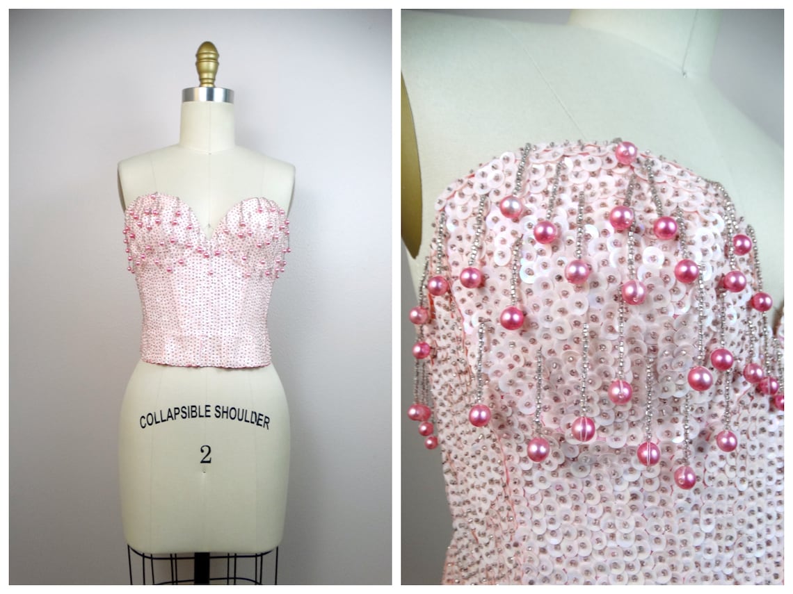 Glam Pink Fringe Pearl Beaded Sequined Bustier // Pastel Pink - Etsy
