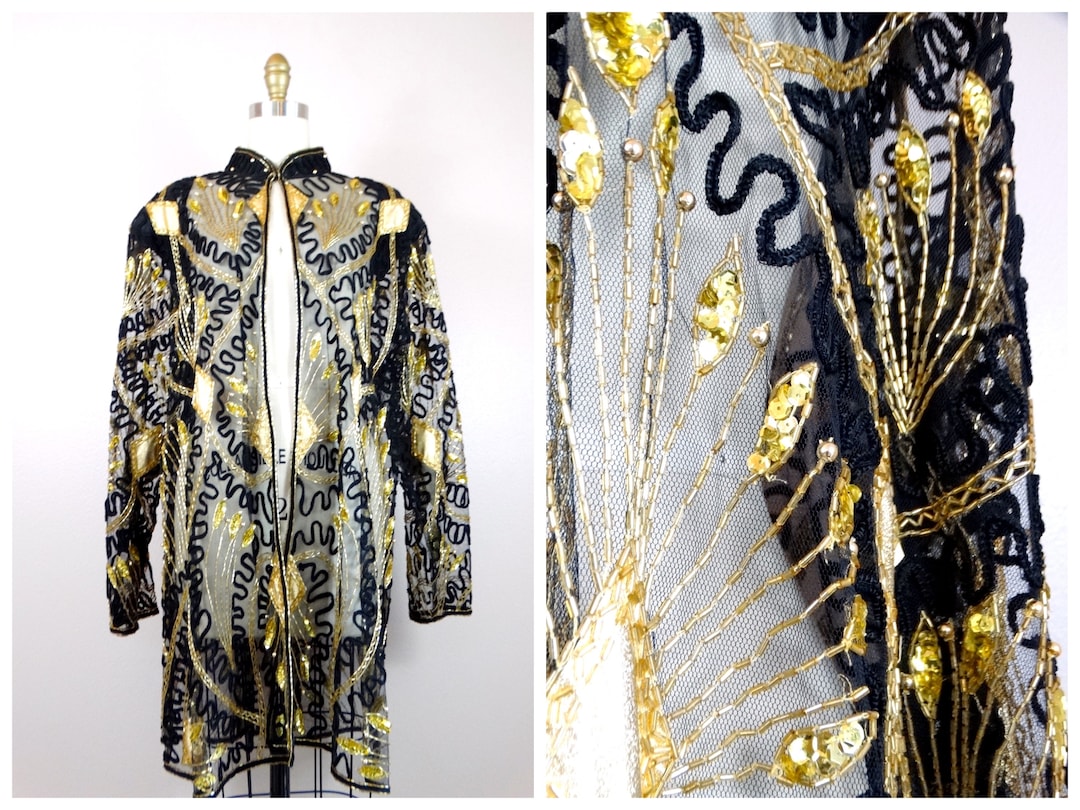 Art Deco Gold Beaded Sequin Duster / Sheer Black Embroidered - Etsy