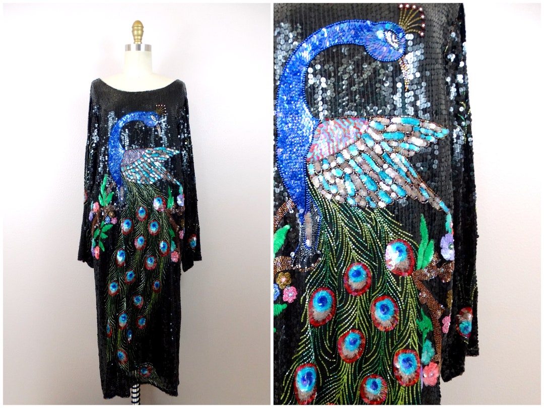 RARE Beaded Sequined Dress / Art Deco Peacock Feather Sequin ...