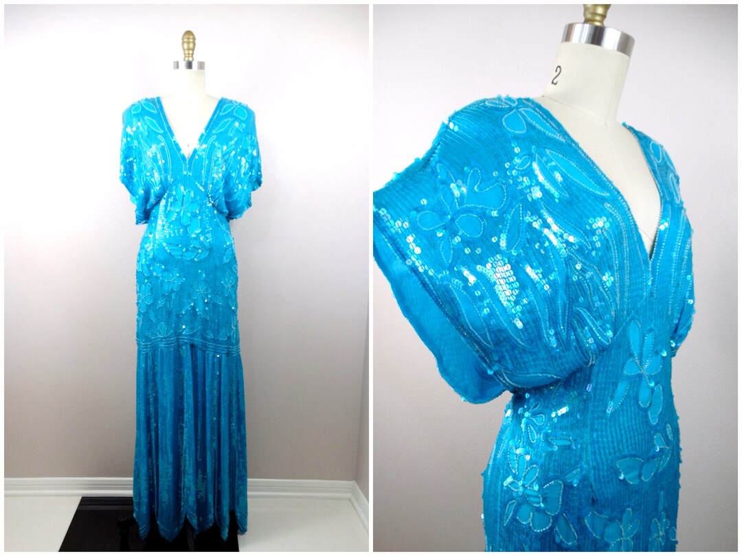70s Lillie Rubin Blue Sequin Dress / Bright Turquoise Beaded Fringe ...