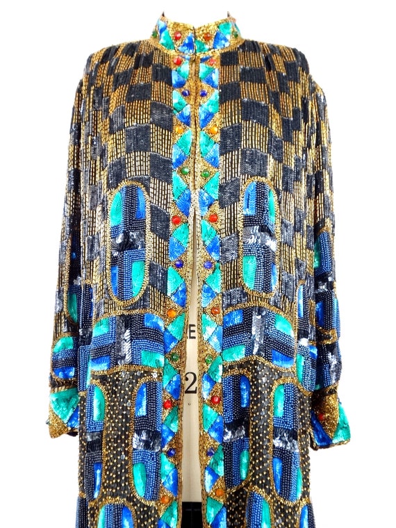 HEAVY Gold Beaded Long Jacket / 80s Novelty Glam Over… - Gem