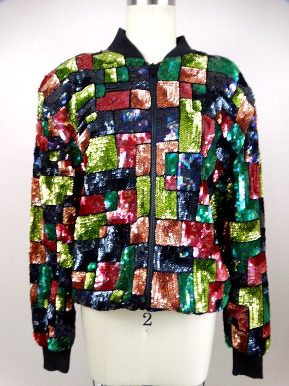 L/XL 80’s Retro Sequin Jacket // Colorful Colorblock … - Gem