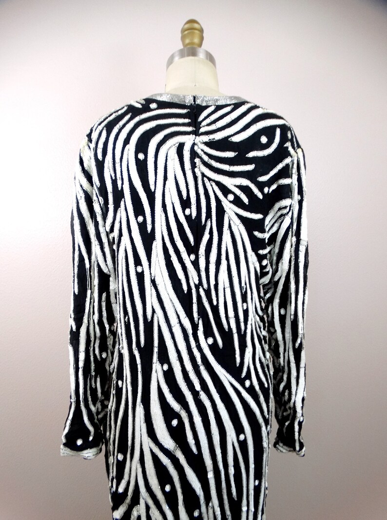 70s 80s Sequin Plus Size Gown / Black and White Silk Beaded Dress by ...