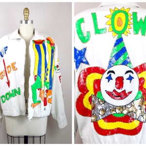 90s Circus Clown Sequined Denim Jacket // Funny Face White Bomber ...