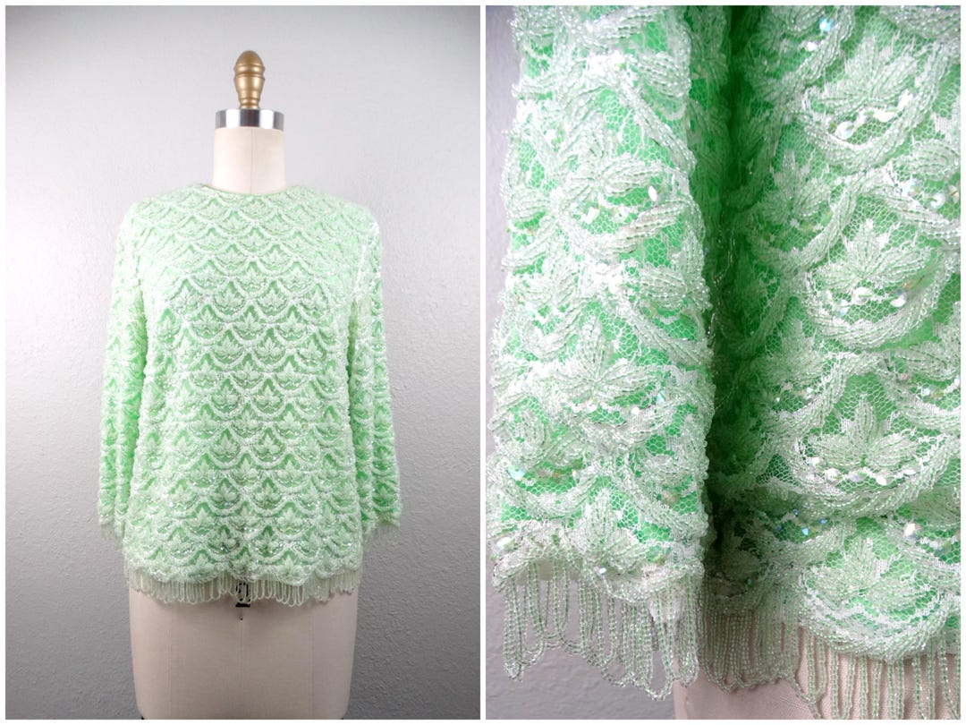 50s 60s Neon Beaded Lace Top / Mid-century 1950's 1960's Heavily ...