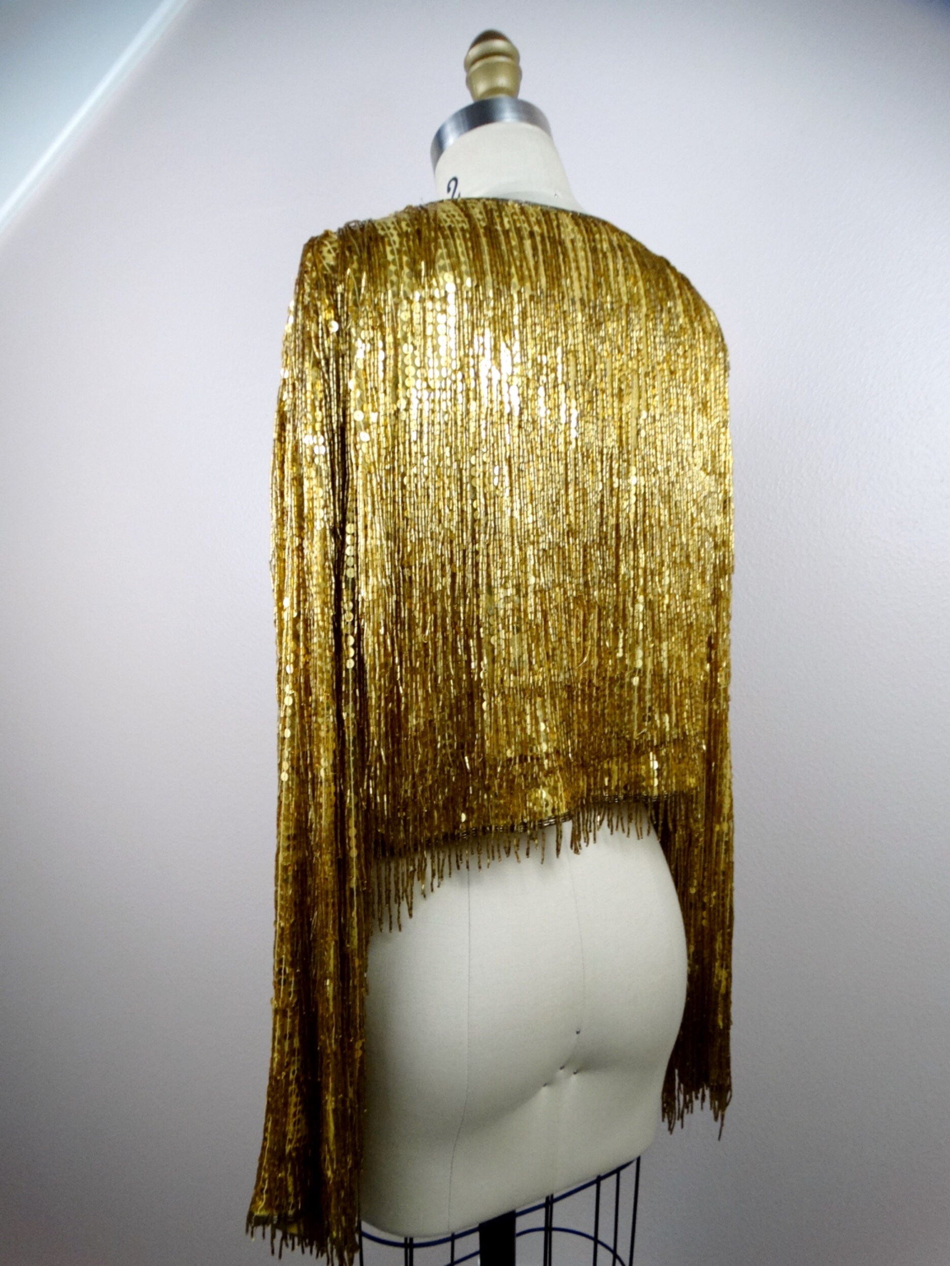 RARE Gold Fringe Beaded Bolero / HEAVY Tassel Beading Sequin Couture ...