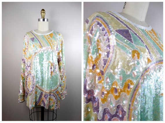 RARE Pastel Sequin Beaded Long Tunic Top Oversized Sequined | Etsy