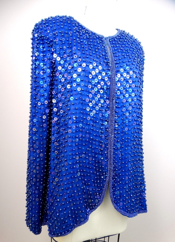 M/L Royal Blue Pearl Beaded Evening Jacket / Bold Seq… - Gem