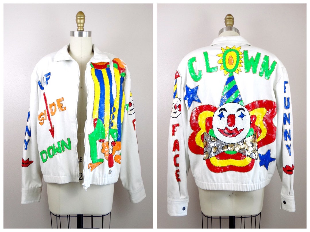90s Circus Clown Sequined Denim Jacket // Funny Face White Bomber ...