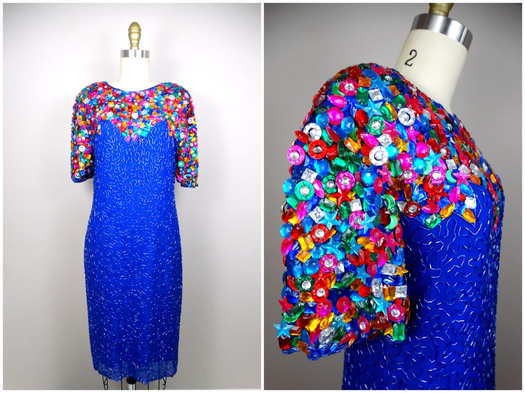 M/L Jewel Beaded Dress // 1980s Vintage Bedazzled Dress // 80's ...