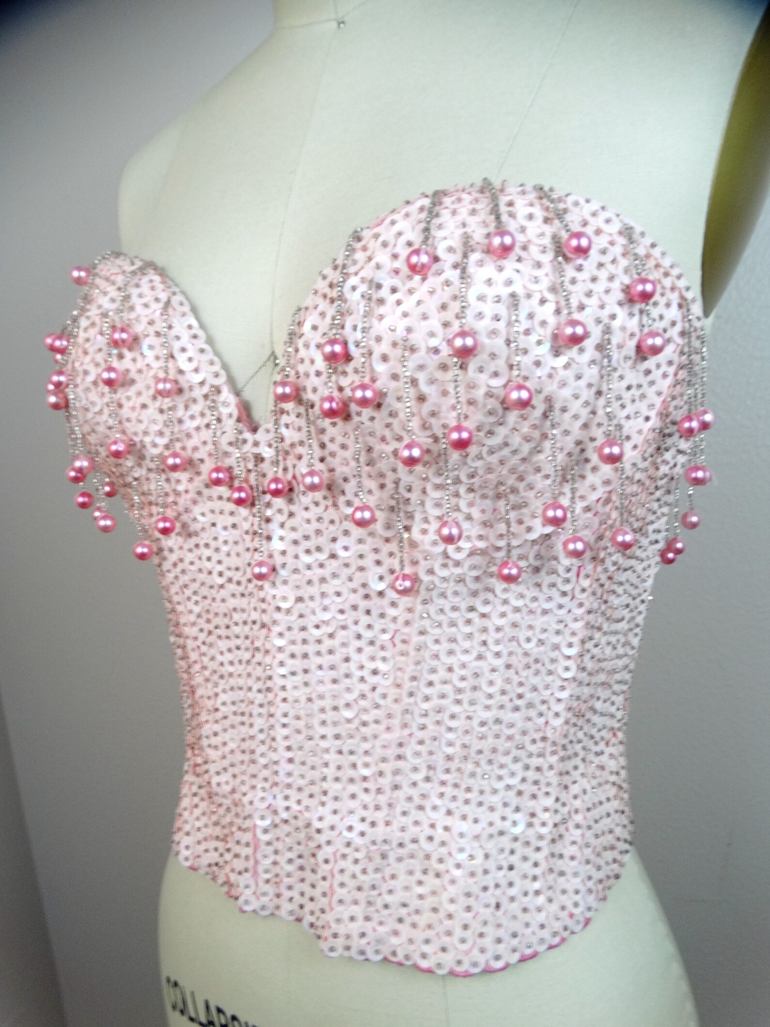 Glam Pink Fringe Pearl Beaded Sequined Bustier // Pastel Pink Sequin ...