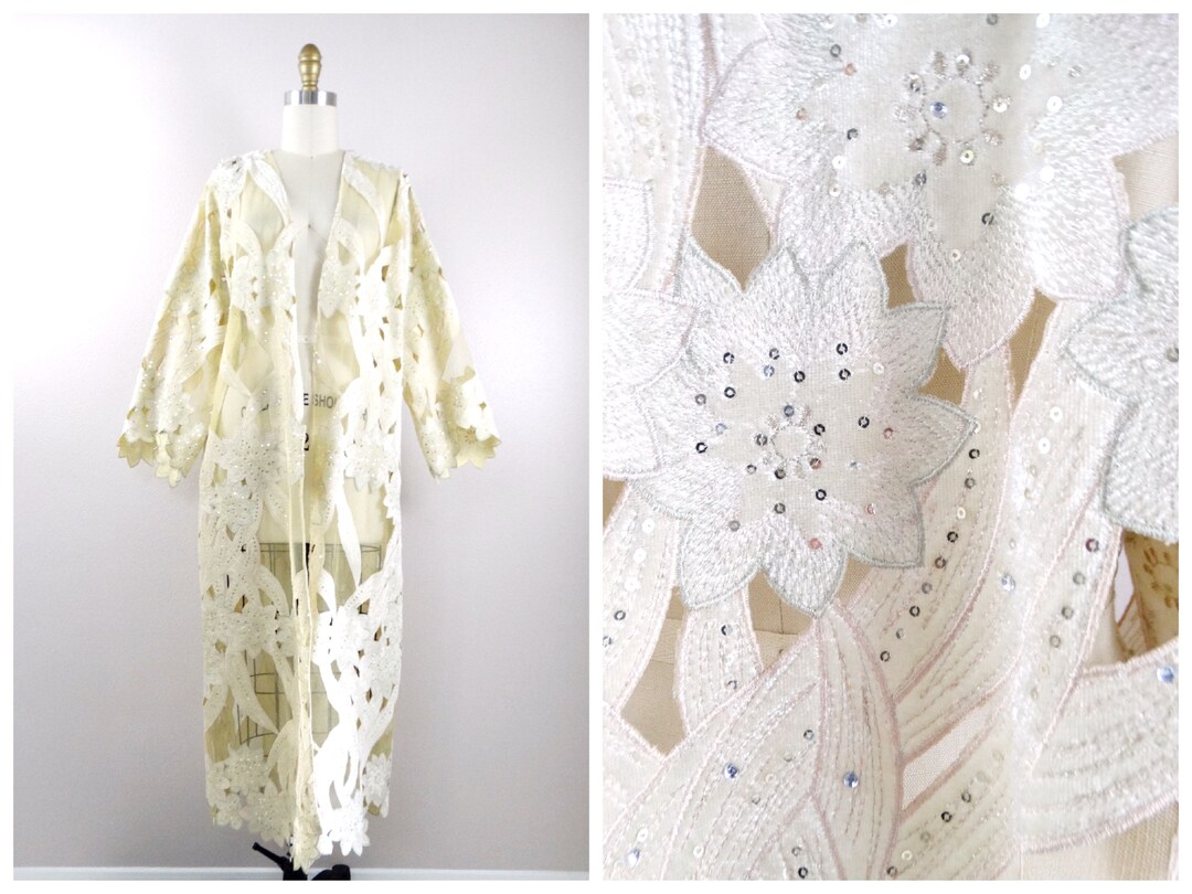 Art Deco Vintage Sequin Duster / Ivory Cut Outs Embellished Open Jacket ...