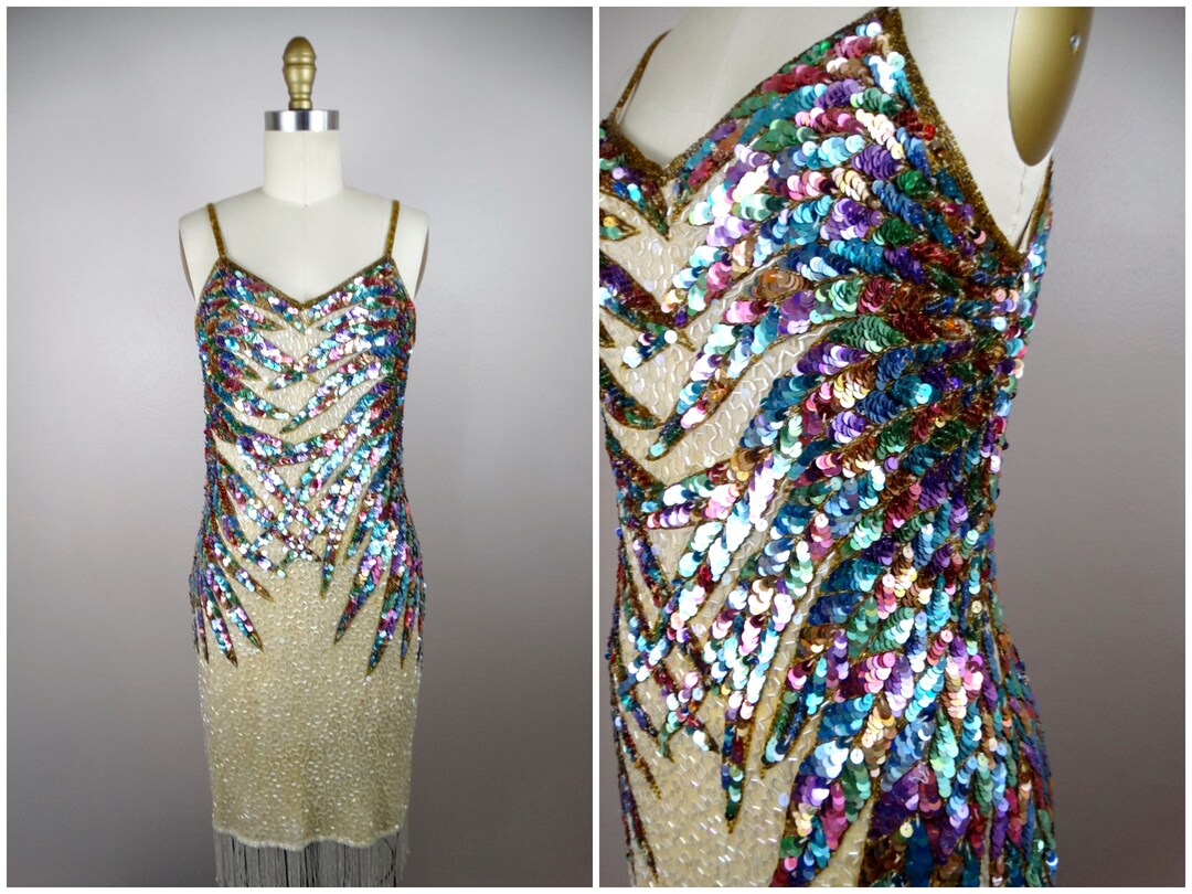 VTG Cream Beaded Art Deco Sequin Dress / Colorful Confetti Sequined ...