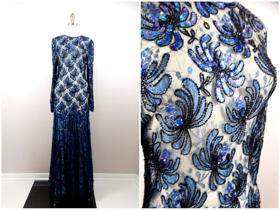 70s 80s Sequin Embellished Sheer Gown // Completely S… - Gem