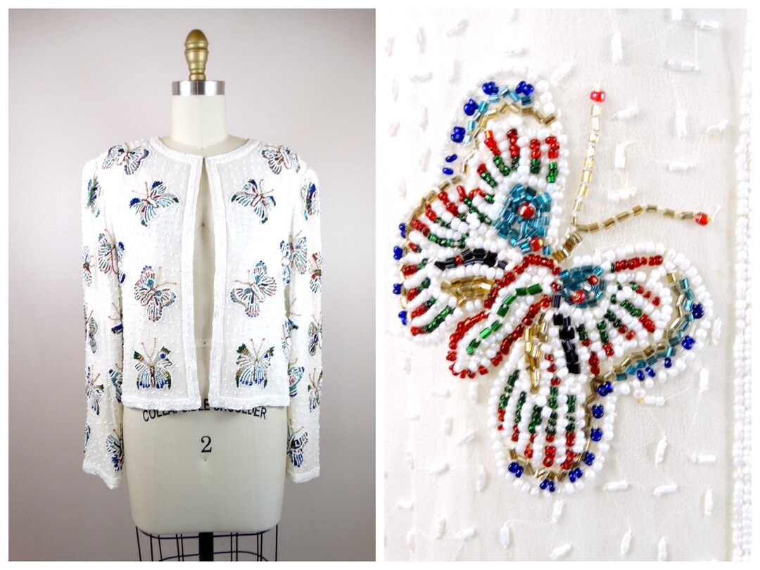 VTG Beaded Butterfly Jacket / Bright White Embellished Butterflies ...