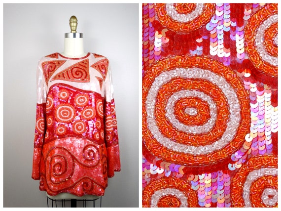 Pink and Red Sequin Beaded Top / Iridescent Sequined … - Gem
