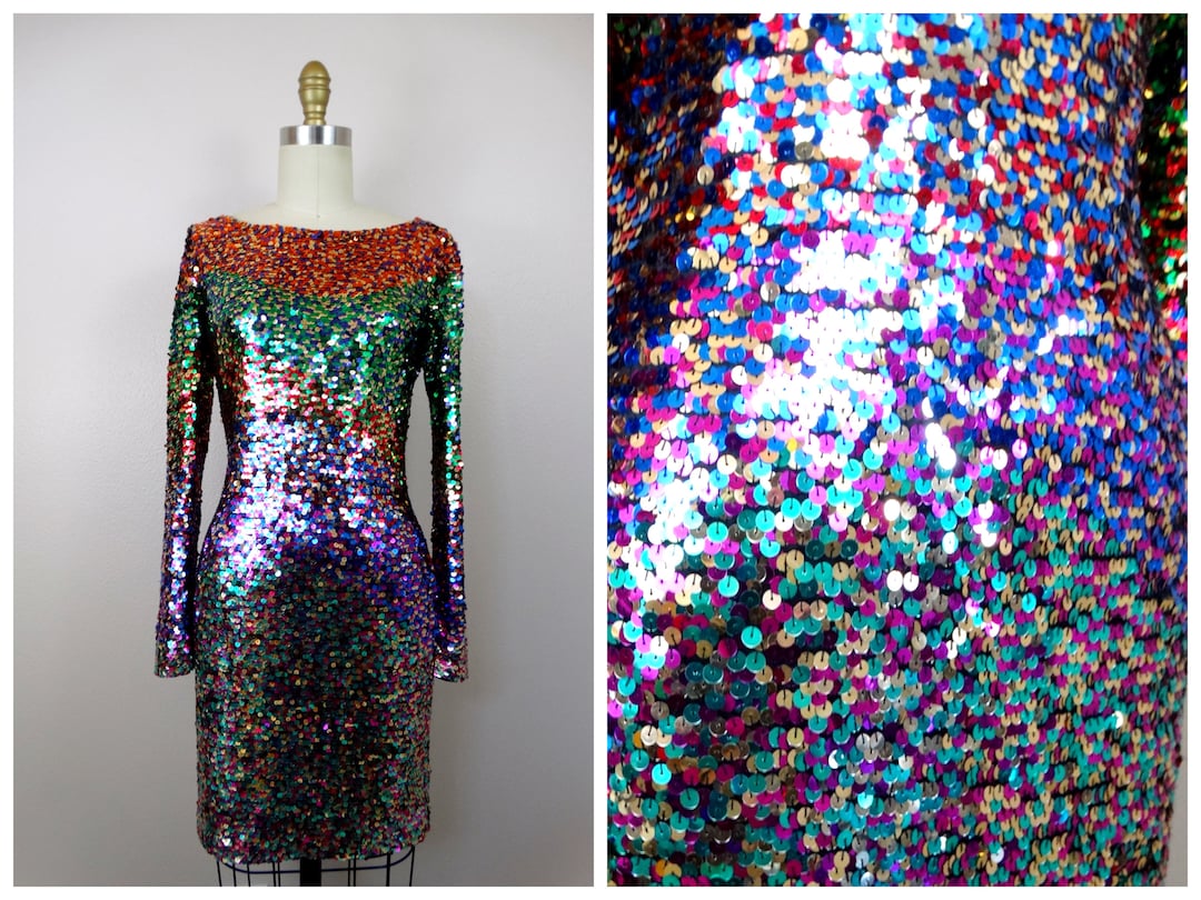 S/M Ombré Rainbow Sequin Dress // Gradient Sequined Stretchy Bodycon ...