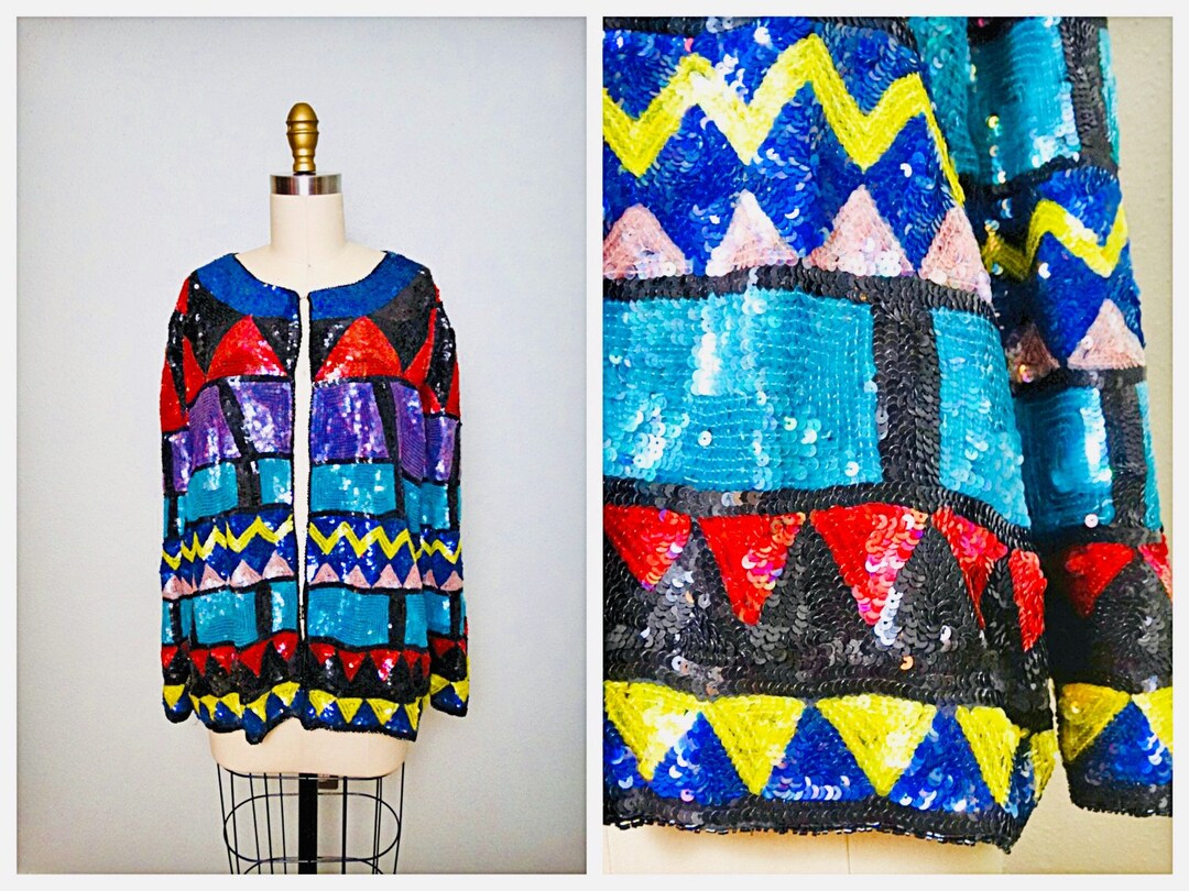 Plus Size Southwest Sequin Jacket / Bright Geometric Retro Jacket 1x 2x ...