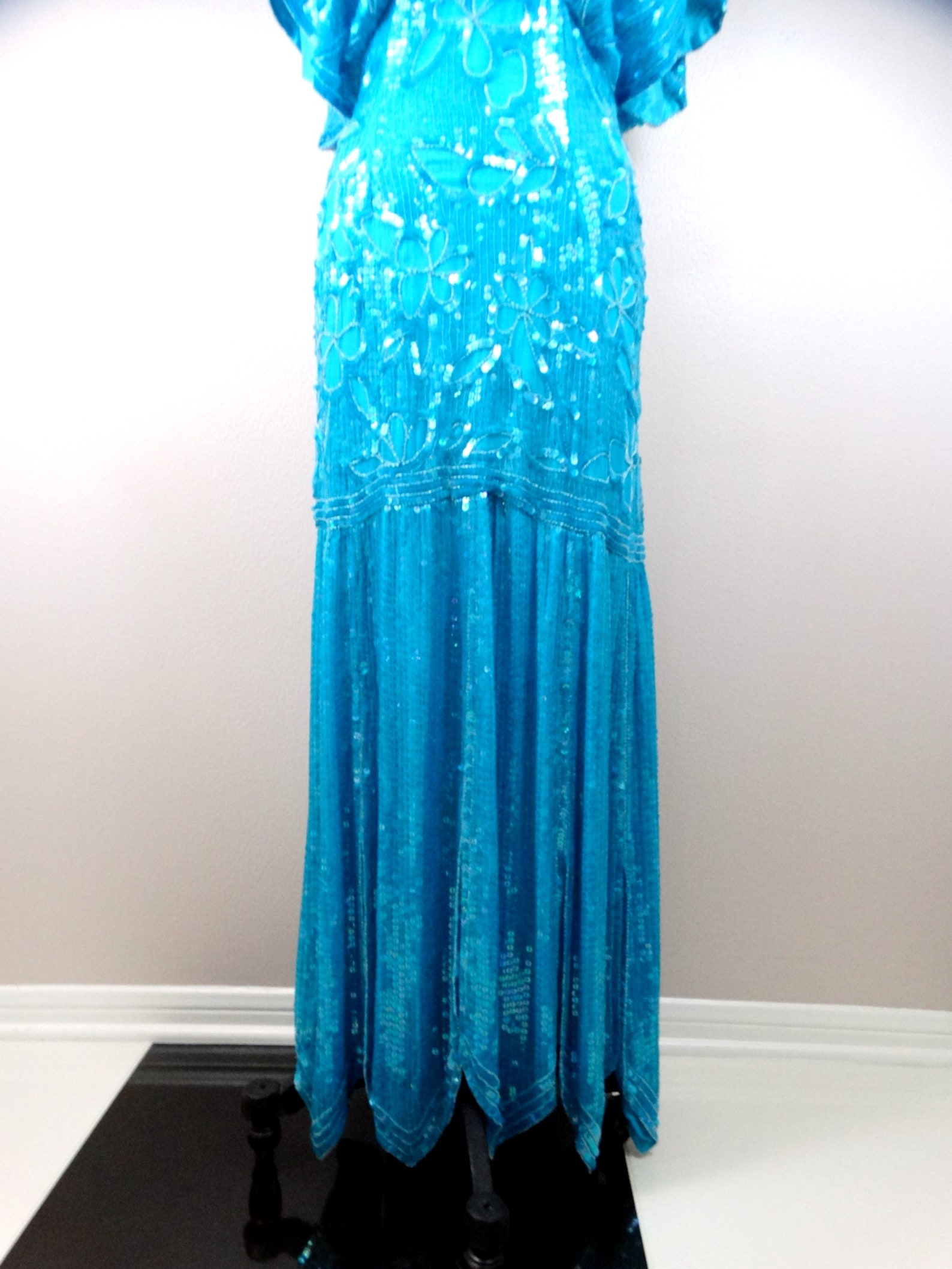 70s Lillie Rubin Blue Sequin Dress / Bright Turquoise Beaded Fringe ...
