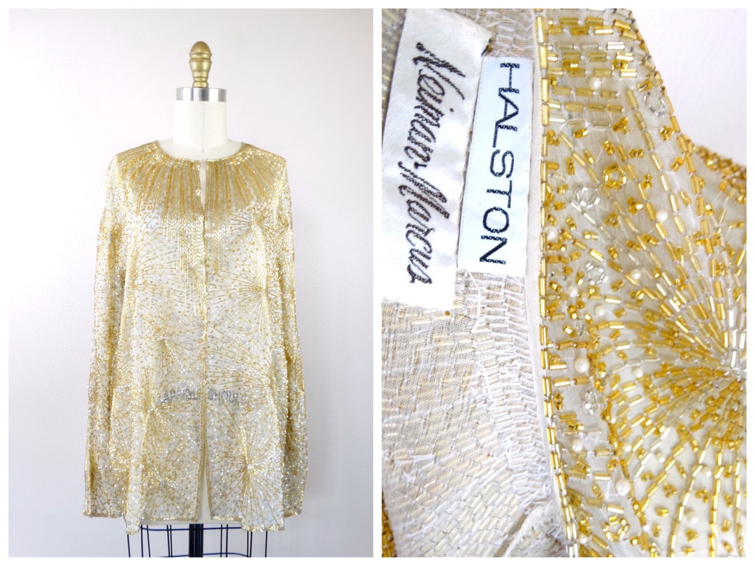 HALSTON Gold Beaded Long Jacket / Designer Vintage Couture Pearl Beaded ...