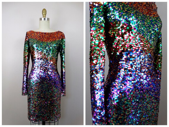 S/M Ombré Rainbow Sequin Dress // Gradient Sequined S… - Gem