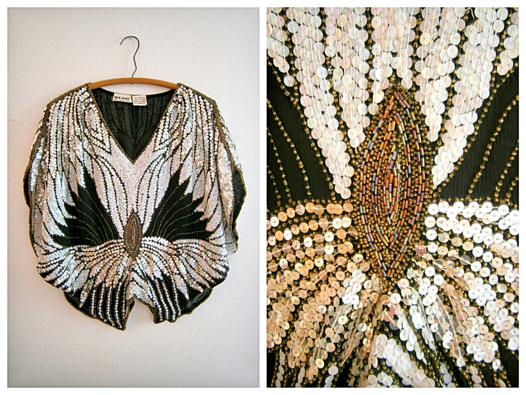 VTG Batwing Sequin Top // Black White and Silver Embellished Poncho ...