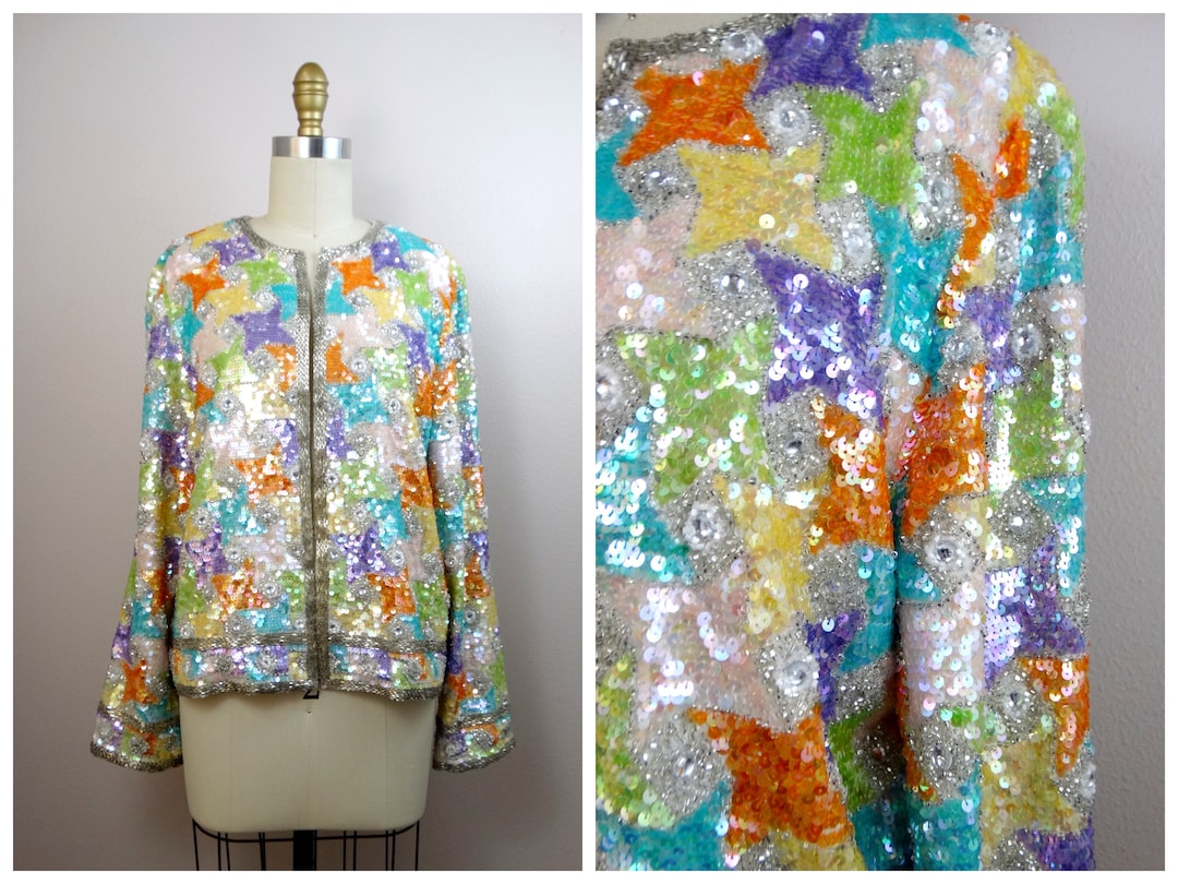S/M Iridescent Sequined Bejeweled Jacket / Glam Pastel Sequin ...