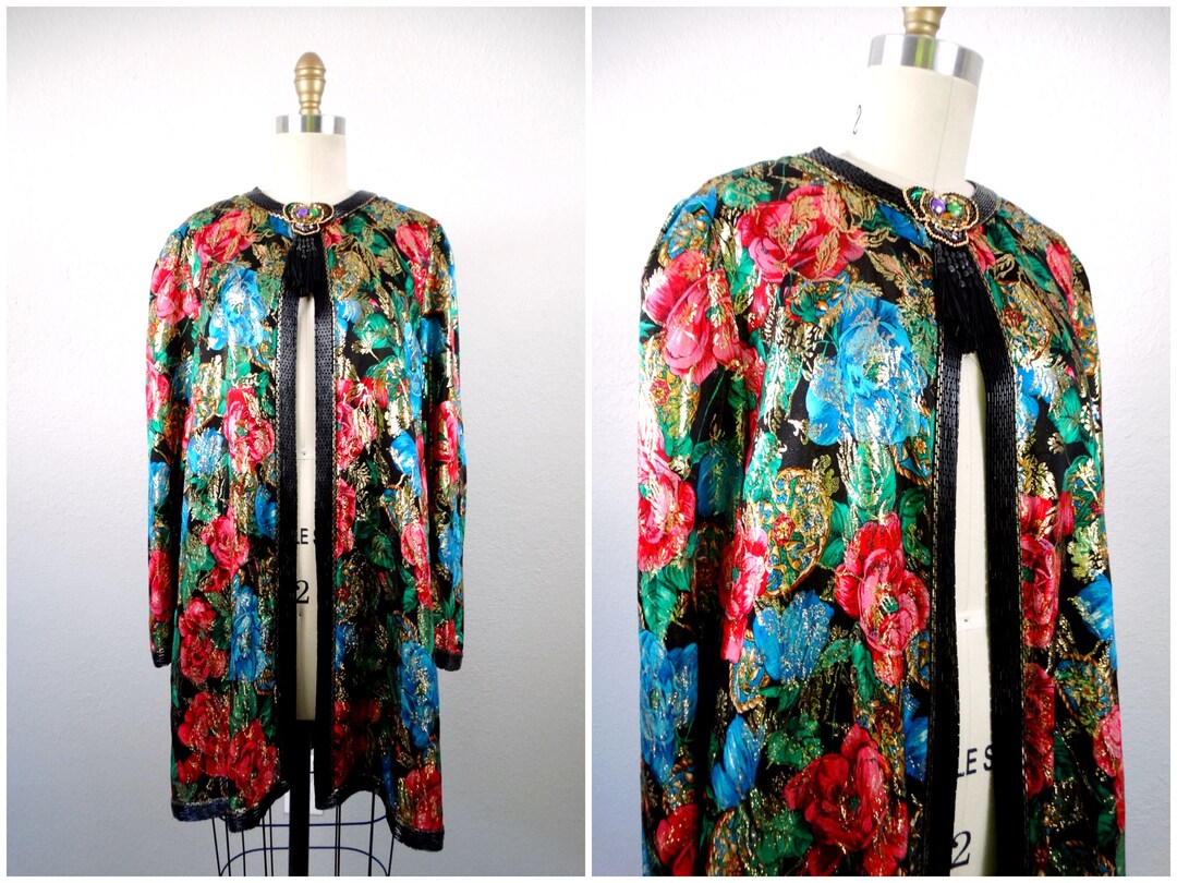 Shimmering Glam Sequin Duster / Gold Beaded Swing Coat / Red and Blue ...