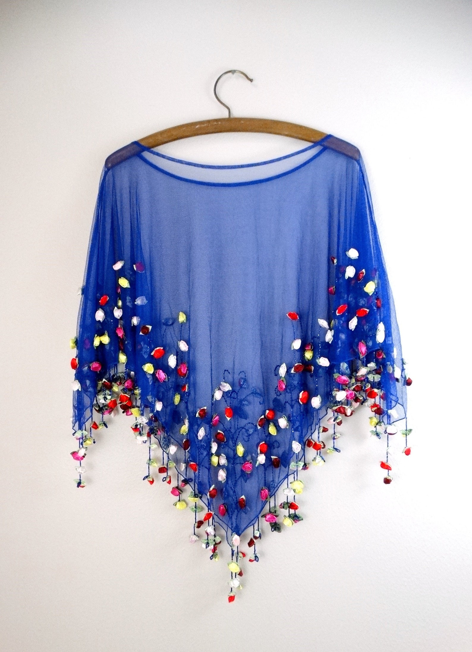 It's Raining Roses Fringe Beaded Blue Sheer Poncho // Boho Romance in ...