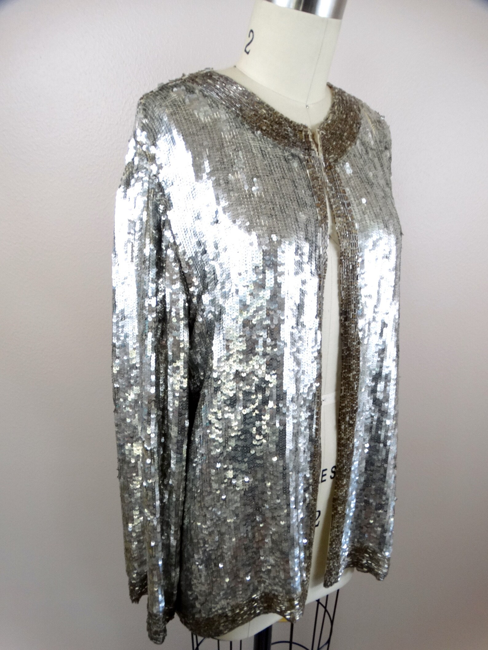 L/XL Reflective Sequin Open Cardigan / Mirror Silver Sequined ...