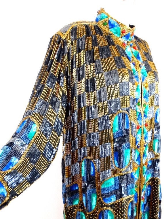HEAVY Gold Beaded Long Jacket / 80s Novelty Glam Over… - Gem