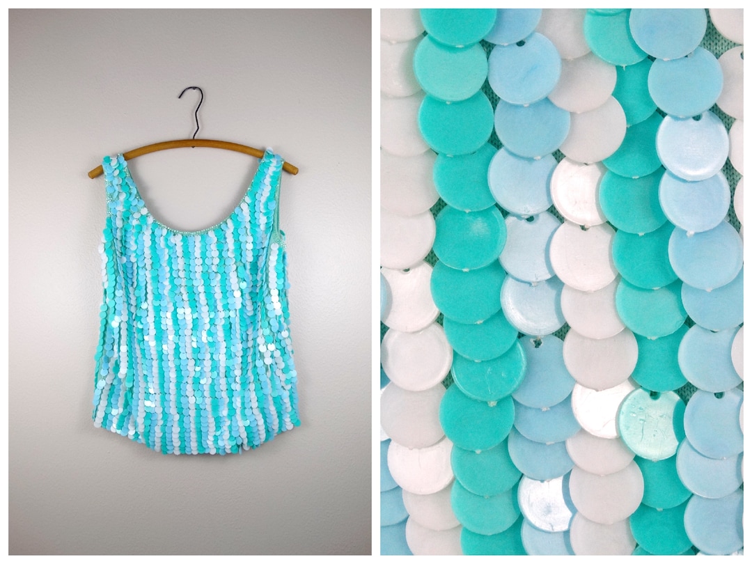 50s 60s Chunky Paillette Sequin Disc Beaded Turquoise Teal Blue Green ...