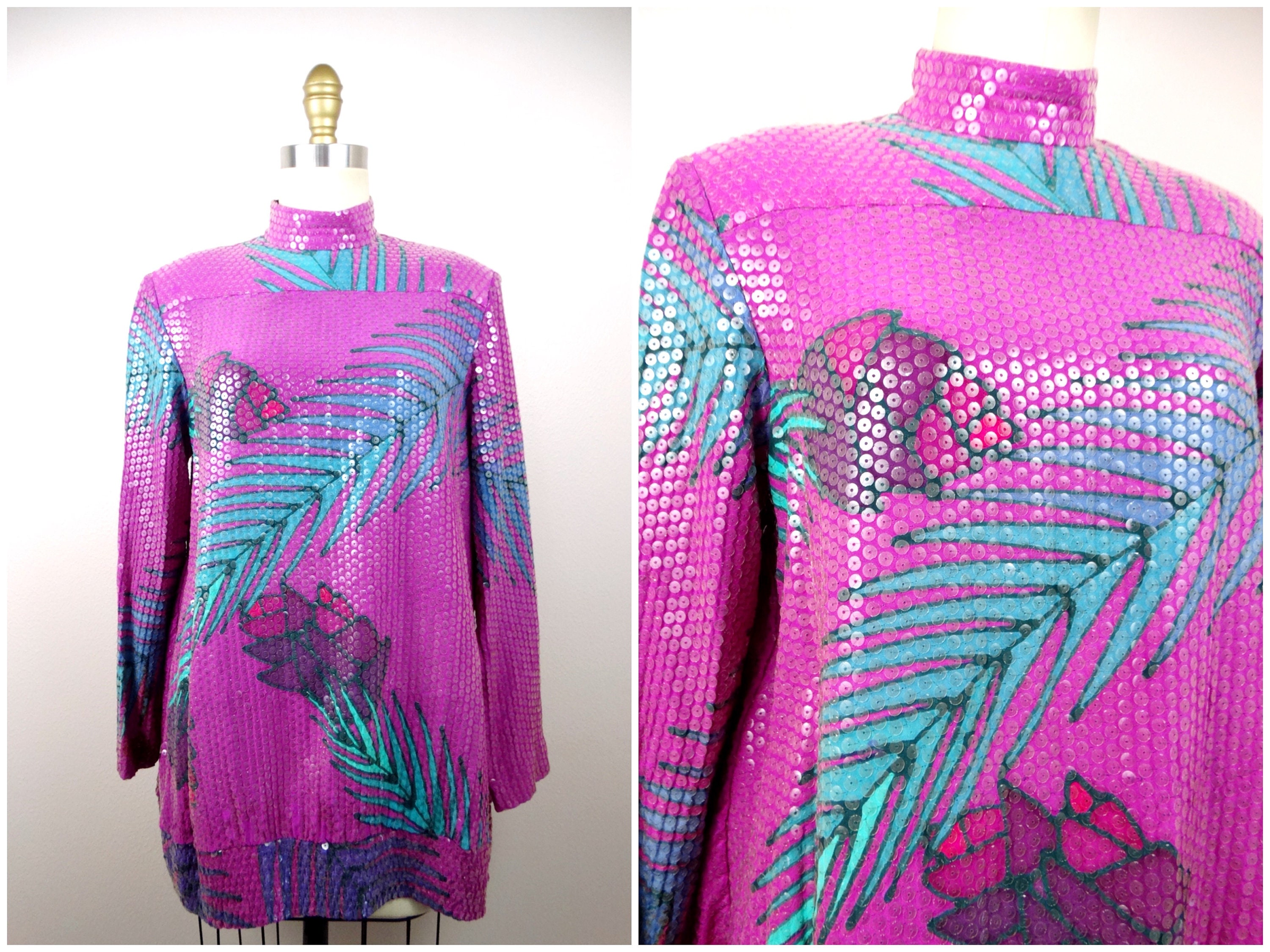 70s 80s Exotic Palms Sequin Top / 1970's Tropical Floral Top W/ Open ...