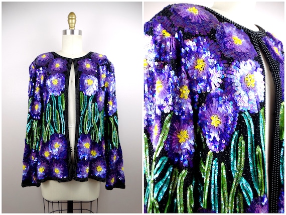 RARE Aster Flower Sequin Jacket / Purple Floral Beade… - Gem