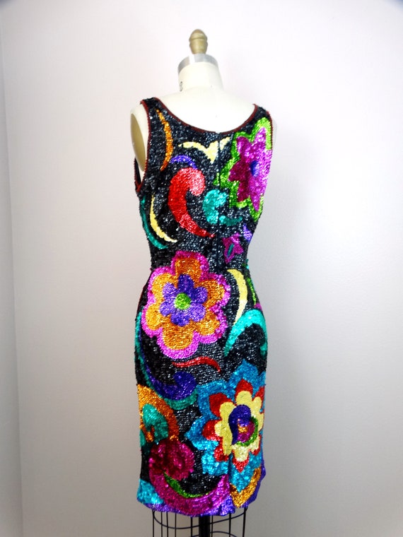 S/M Psychedelic Sequin Dress / Bright Neon Floral Seq… - Gem